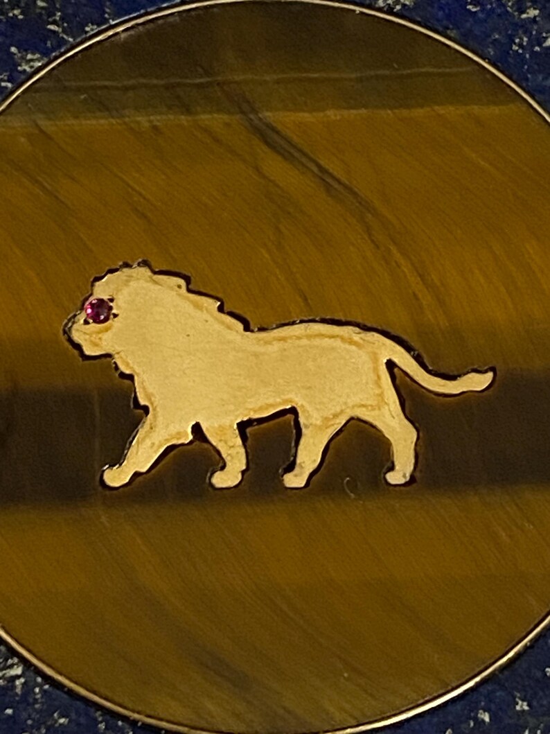 HUGE Custom Estate Lapis Lazuli Tigers Eye 18K LEO Lion Ruby Pendant ...
