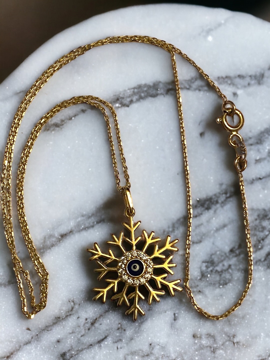 Pretty 14k Yellow Gold EVIL EYE Snowflake Charm Good Luck Pendant 16 ...