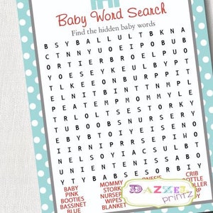 Elephant Baby Shower Word Search Game, Baby Boy Blue Shower Word Search ...