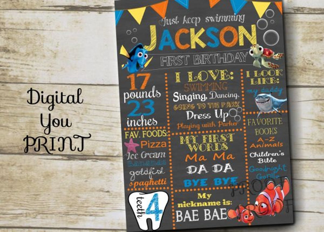 Nemo Chalkboard Sign, Nemo Birthday Milestone Chalkboard Sign, Dory ...