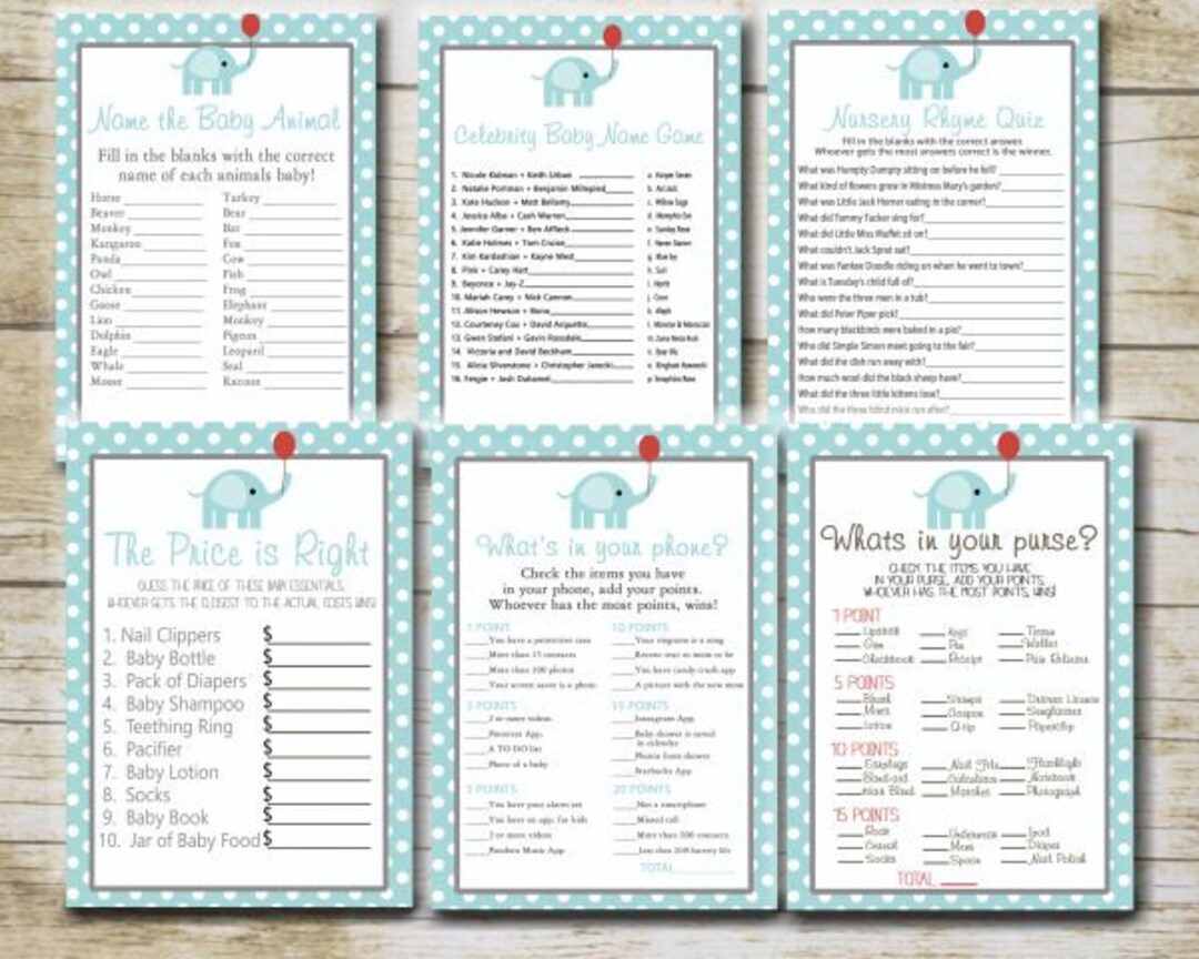 Blue Elephant Baby Shower Games Package, Six Printable Games, Price is ...