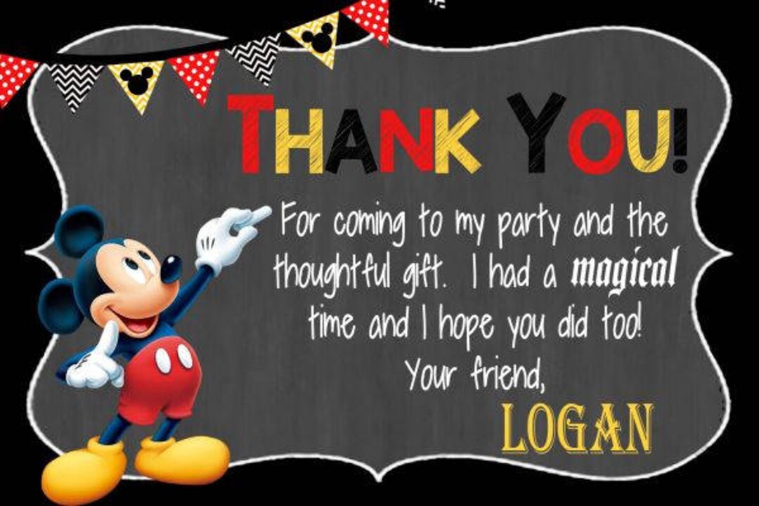 MICKEY MOUSE Thank You Card, Mickey Birthday Party Thank You Card ...