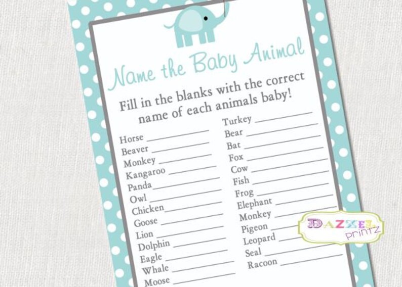 Elephant Baby Shower Name the Baby Animal Baby Boy Blue | Etsy