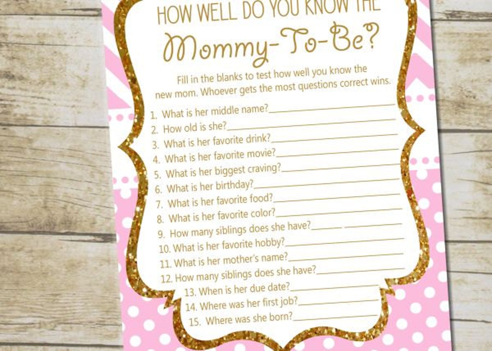 Gold and Pink Baby Shower Game, How Well Do You Know Mommy to Be, Girls ...
