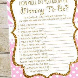 Gold and Pink Baby Shower Game, How Well Do You Know Mommy to Be, Girls ...