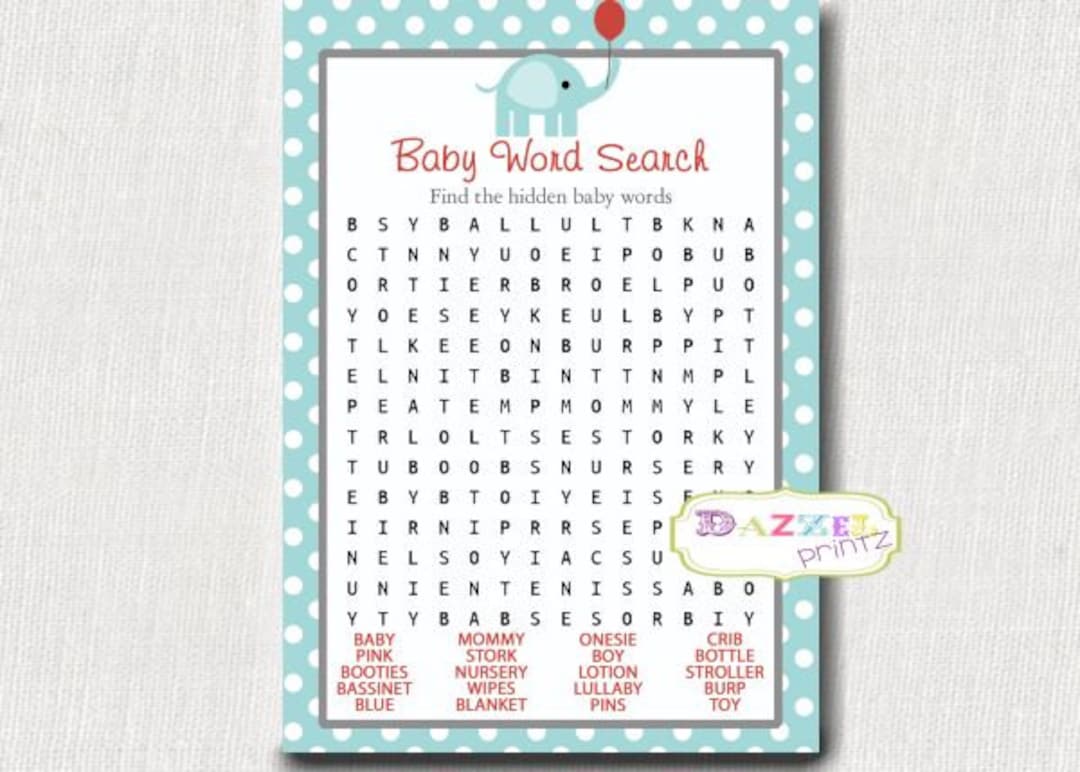 Elephant Baby Shower Word Search Game, Baby Boy Blue Shower Word Search ...