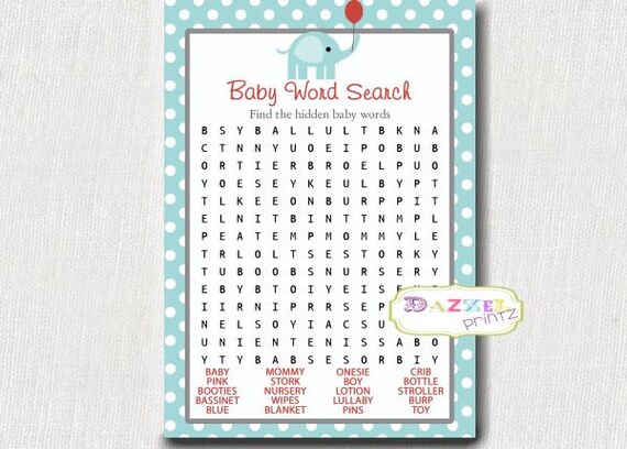 Elephant Baby Shower Word Search Game Baby Boy Blue Shower | Etsy