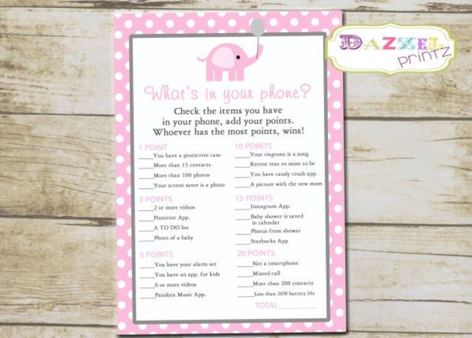 Pink Elephant Baby Shower What's in Your Phone Game, INSTANT DOWNLOAD ...