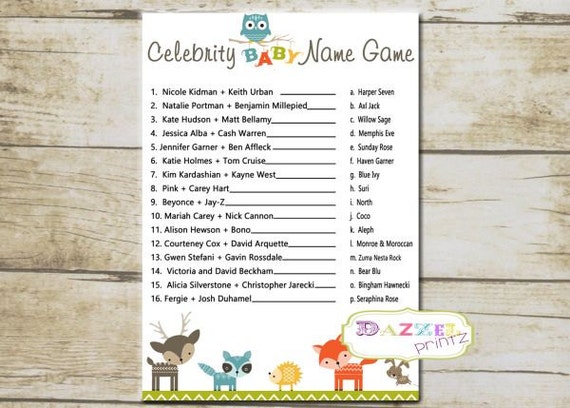 Woodland Animal Celebrity Baby Name Game Baby Shower Name the | Etsy