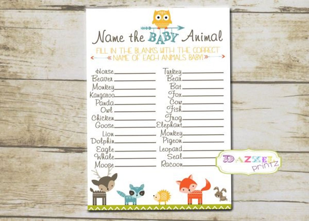 Woodland Animal Baby Shower Name the Baby Animal, Baby Shower Name the ...