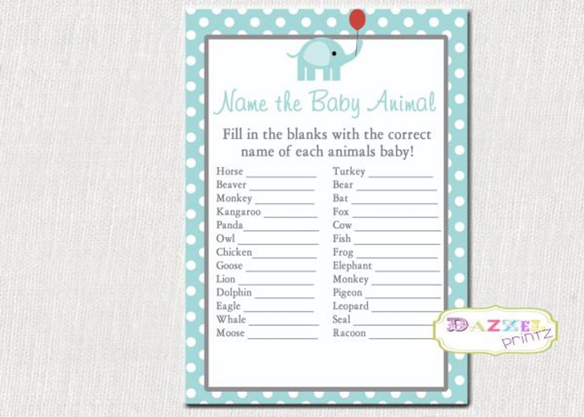 Elephant Baby Shower Name the Baby Animal, Baby Boy Blue Shower Name ...