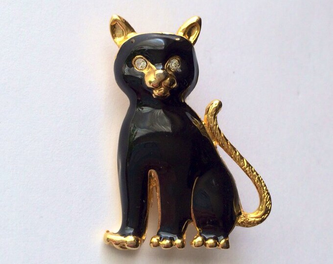 Vintage Black Enamel Cat Brooch With Rhinestone Eyes Etsy