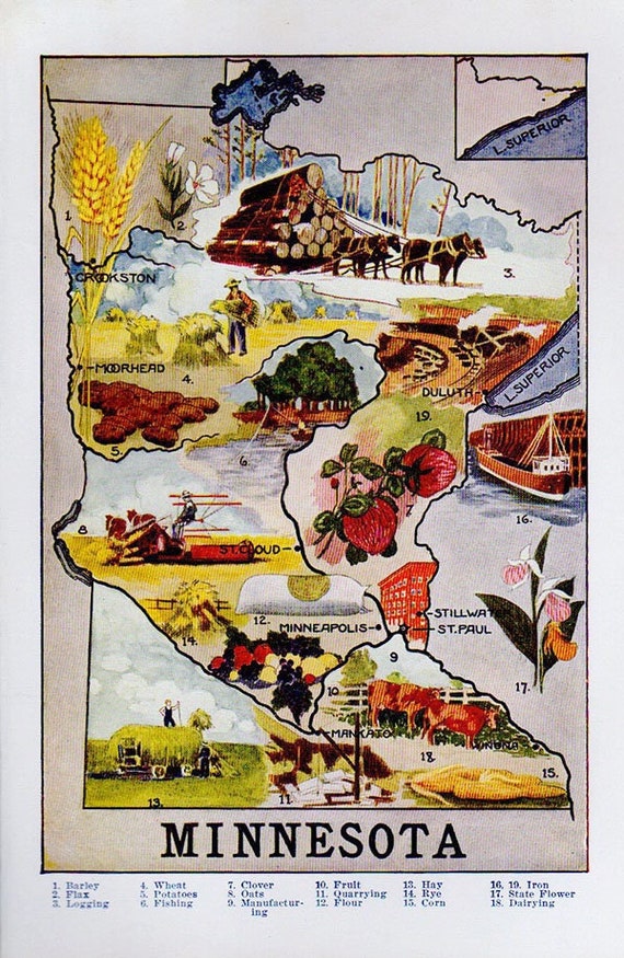 Pictorial Map of Minnesota 1936 Atlas Antique Map United - Etsy