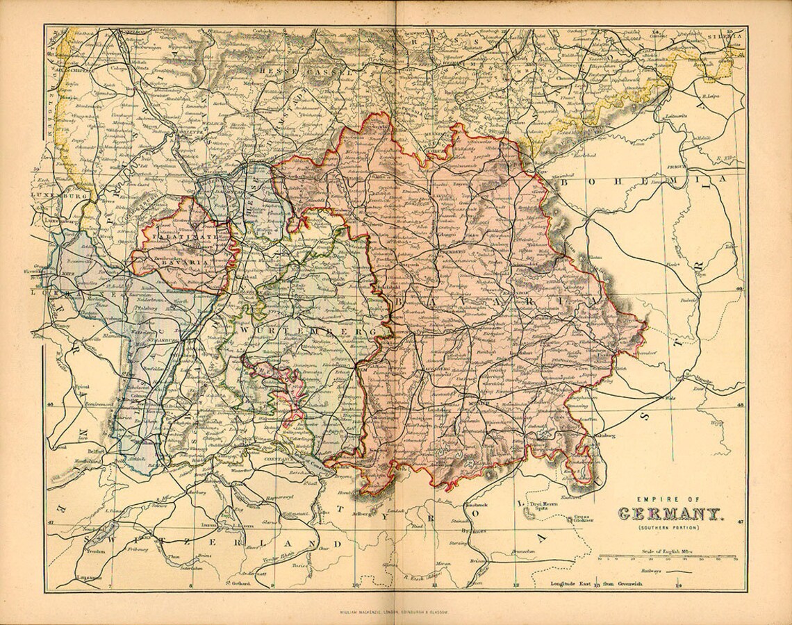 Large Map of Germany Empire, 1890 Atlas Antique Map, Berlin Bavaria Map ...