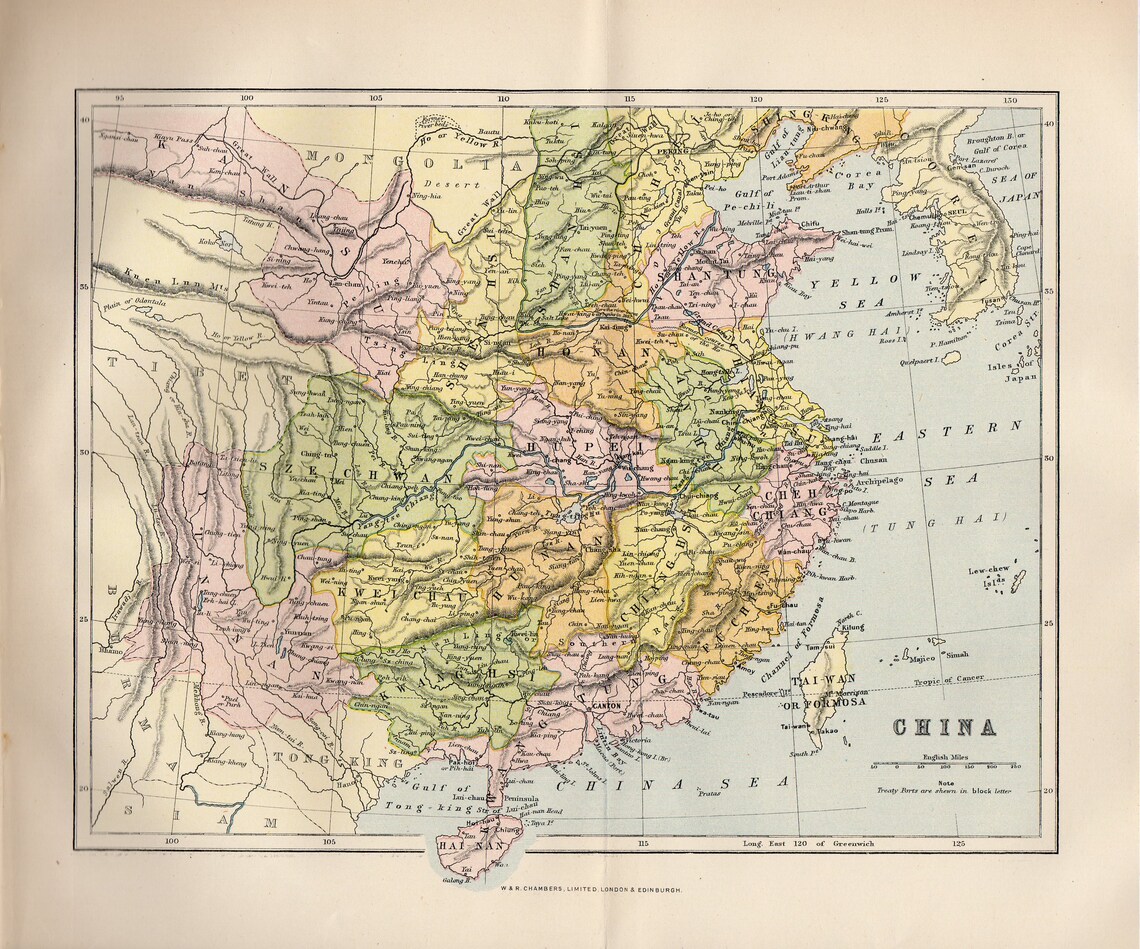 Large Gorgeous Map of CHINA, 1908 Atlas Antique Map, Yunnan Map, Map of ...
