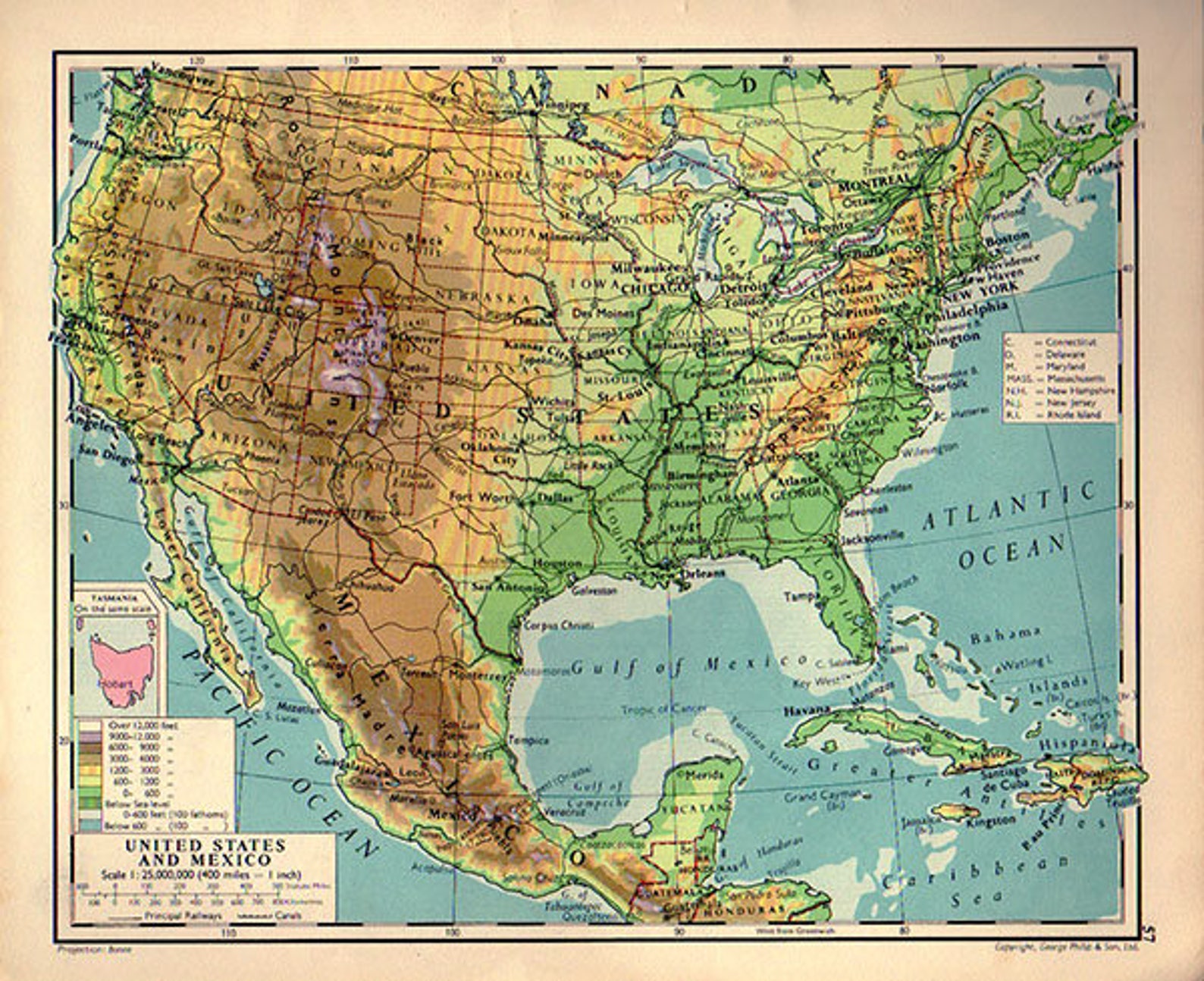 UNITED STATES of AMERICA and Mexico Map, 1940s Countries Nations Atlas ...