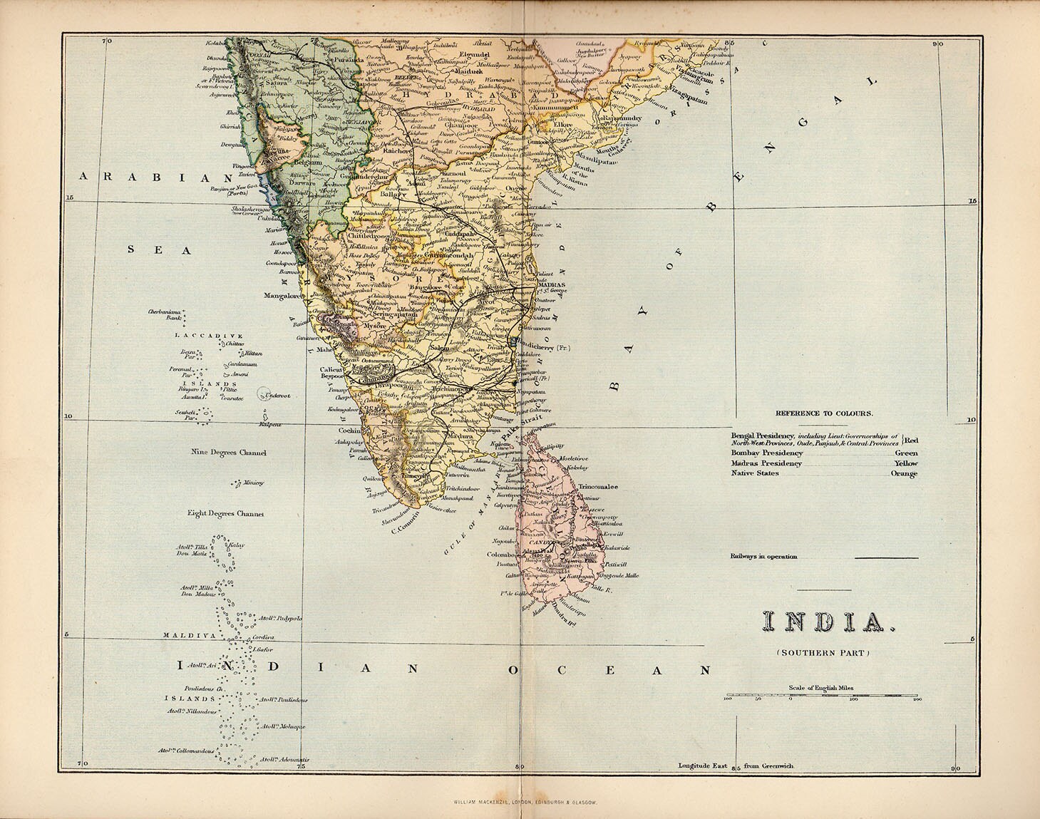 Large Gorgeous Map of INDIA SOUTHERN, 1890 Atlas Antique Map, INDIA Map ...