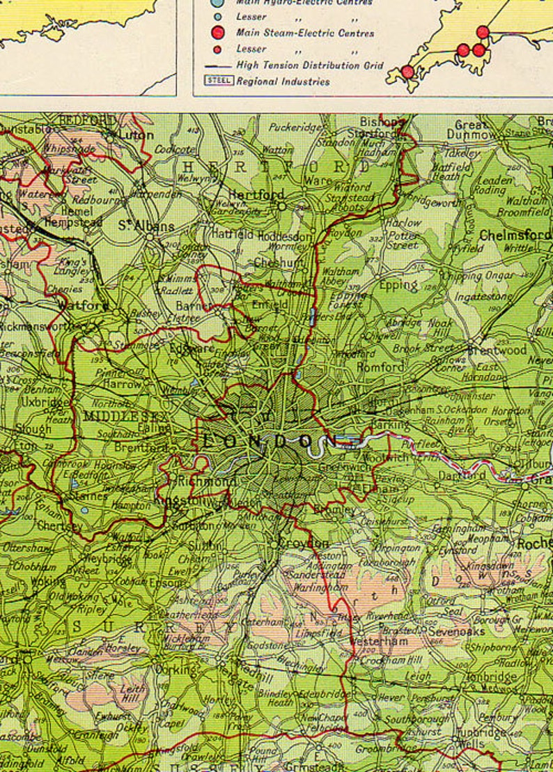 Beautiful Map of LONDON BRITISH ISLES 1950s, Atlas Antique Map, Uk, Map ...
