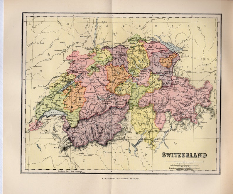 Large Map of SWITZERLAND, 1908 Atlas Antique Map, Swiss Map, Map of ...