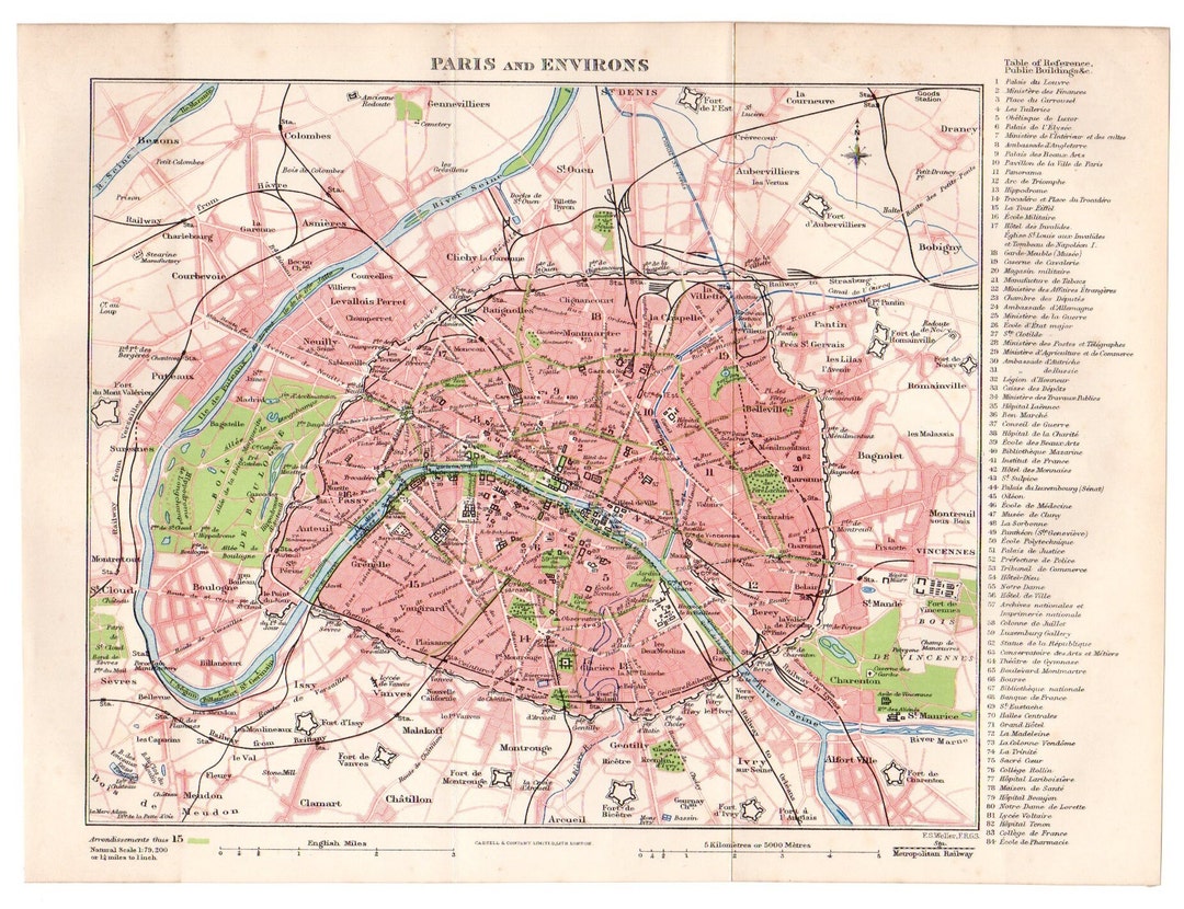Medium British Map of Paris France, 1904 Atlas Antique Map, Paris City ...