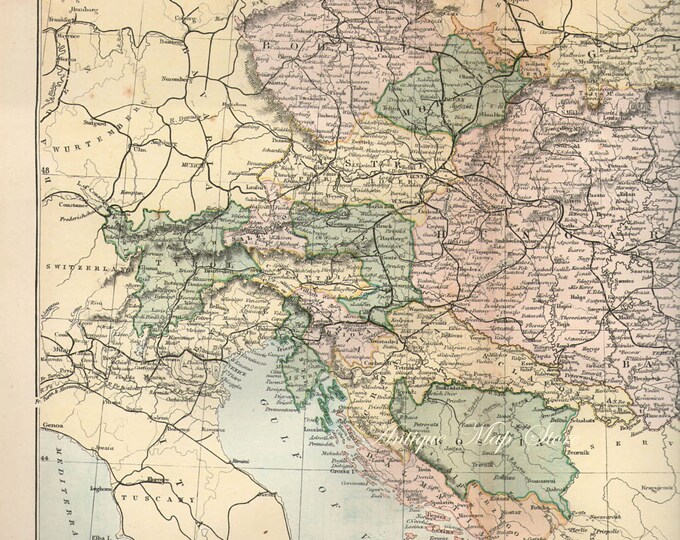 Large Map of Austrian Empire, 1890 Atlas Antique Map, Hungary Austria ...