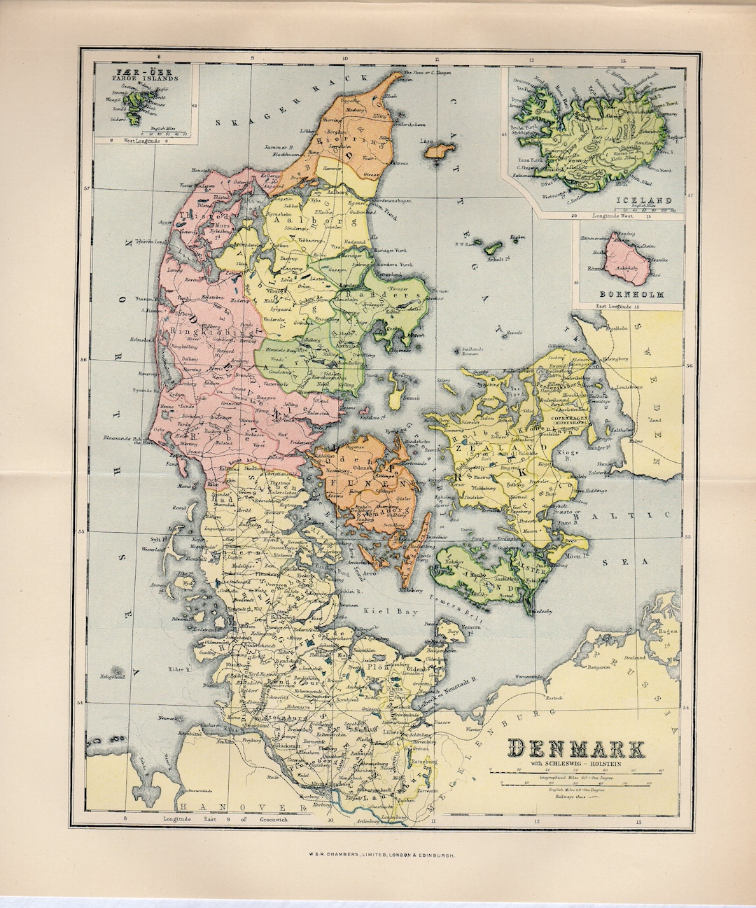 Large Gorgeous Map of Denmark, 1908 Atlas Antique Map, Copenhagen Map ...