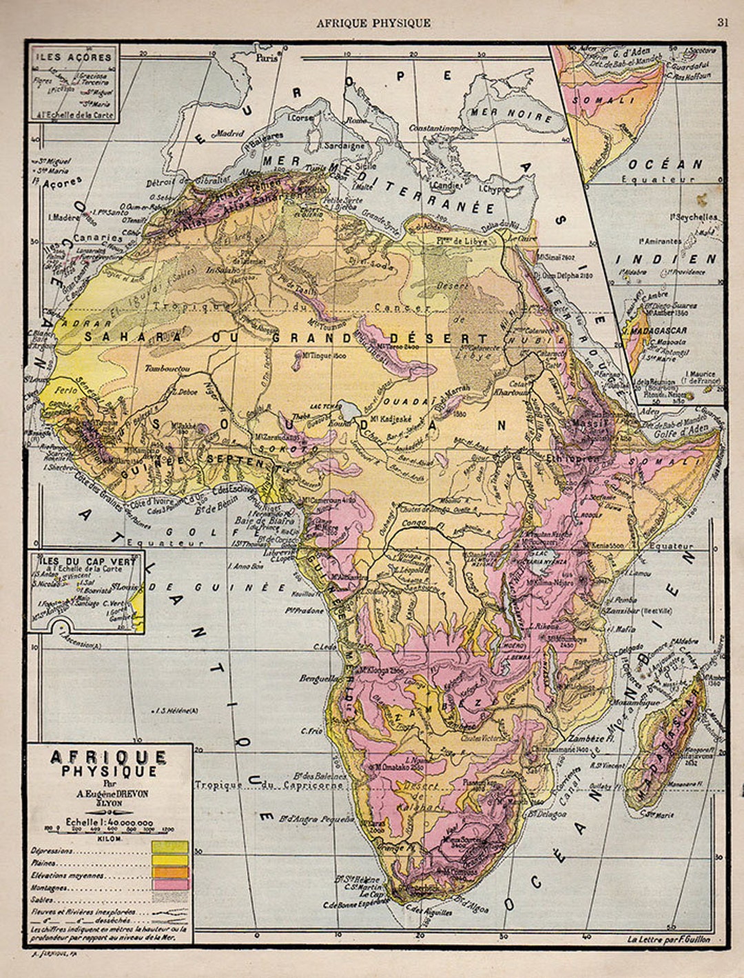 Medium Detailed Map of AFRICA, French, 1907 Atlas Antique Map, Congo ...