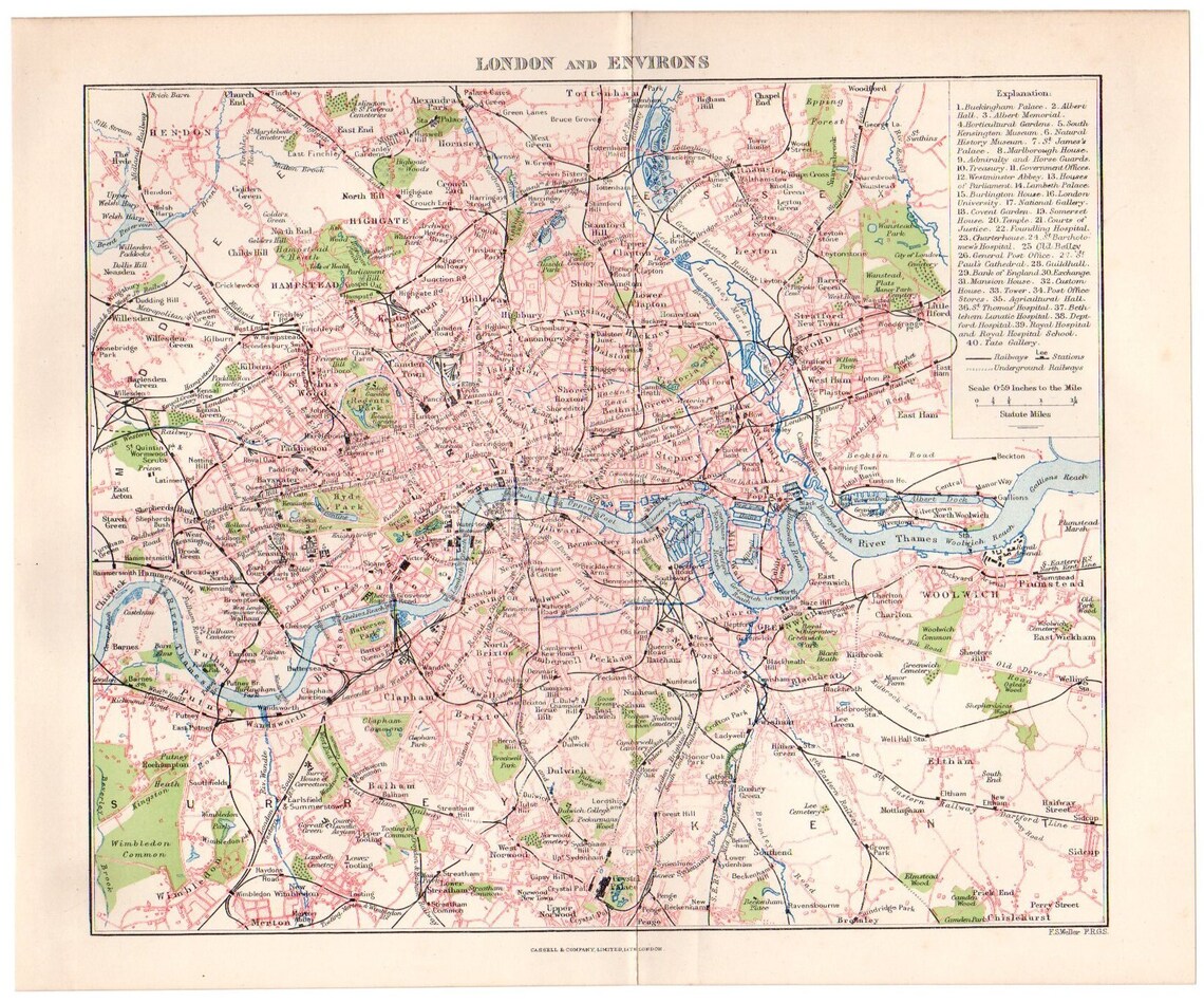 Detailed Map of LONDON 1904, Atlas Antique Map, UK, Map of London City ...
