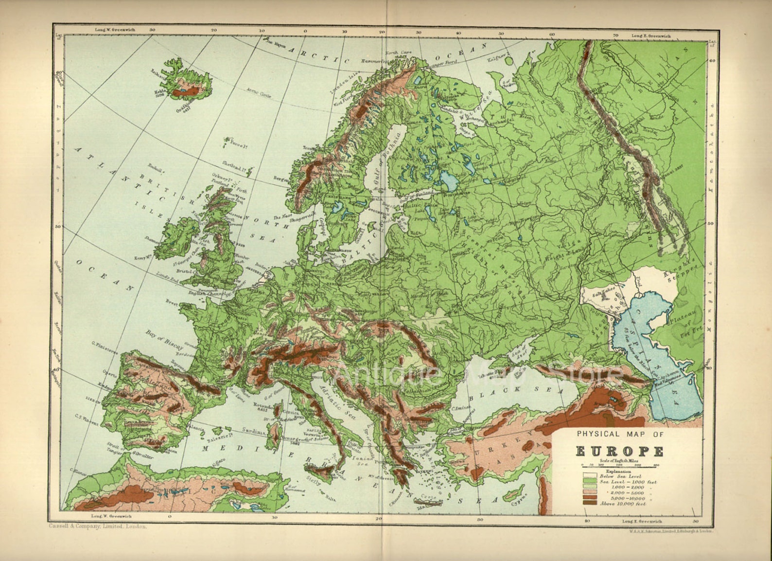 Beautiful Physical Map of EUROPE 1905, Atlas Antique Map, France, Map ...