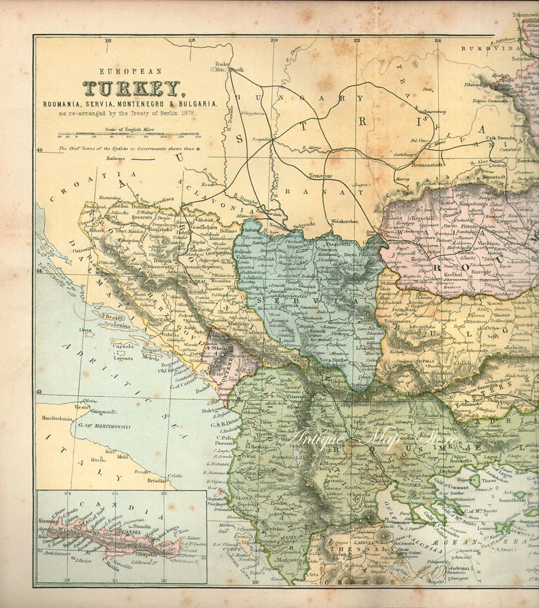 Large Map of Turkey, 1890 Atlas Antique Map, Serbia Roumania Bulgaria ...