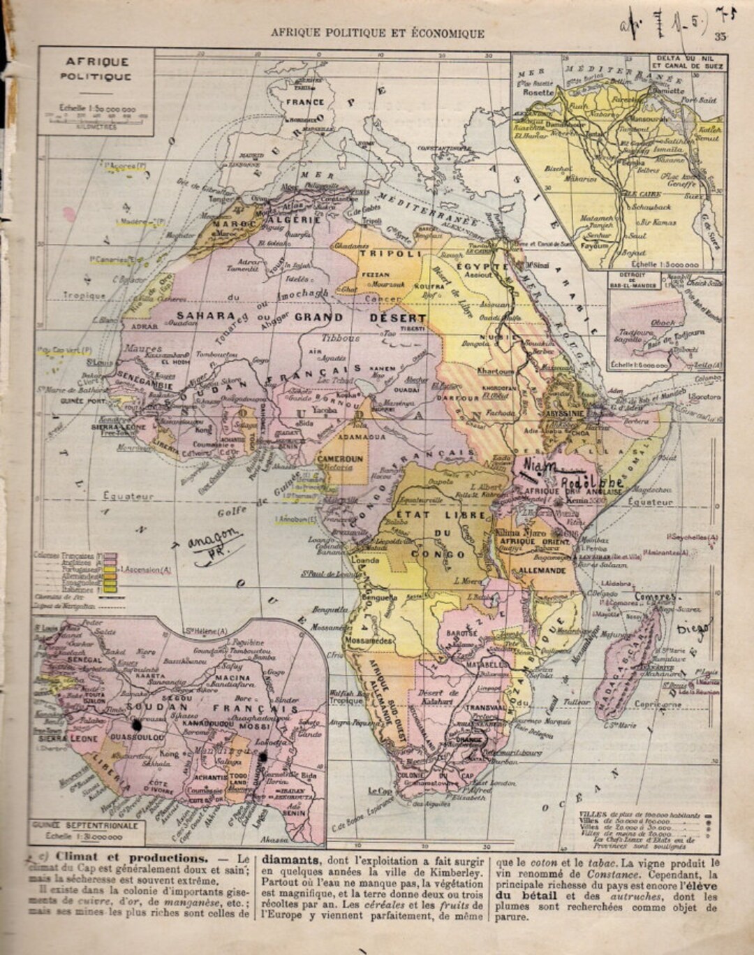 Medium Detailed Map of AFRICA, French, 1907 Atlas Antique Map, Congo ...