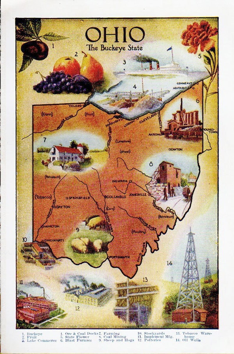 Pictorial Map of Ohio, 1936 Atlas Antique Map, United States State Map ...