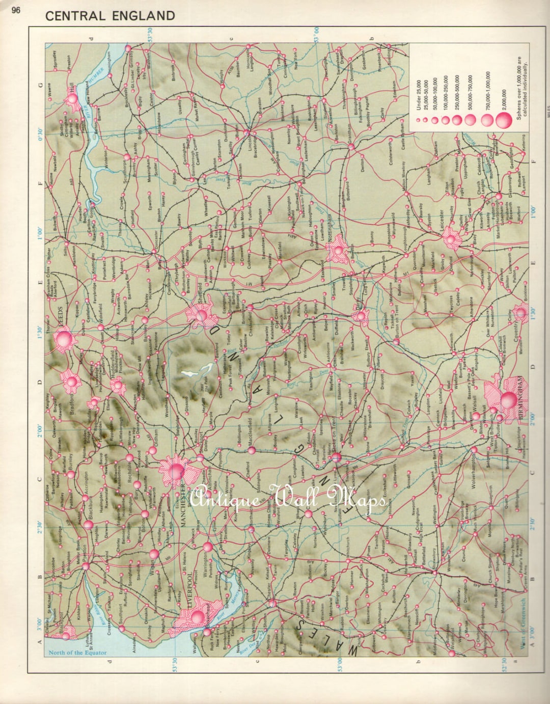 Unique Large Map of Central England Map, 1960 Atlas Antique Map, UK Map ...