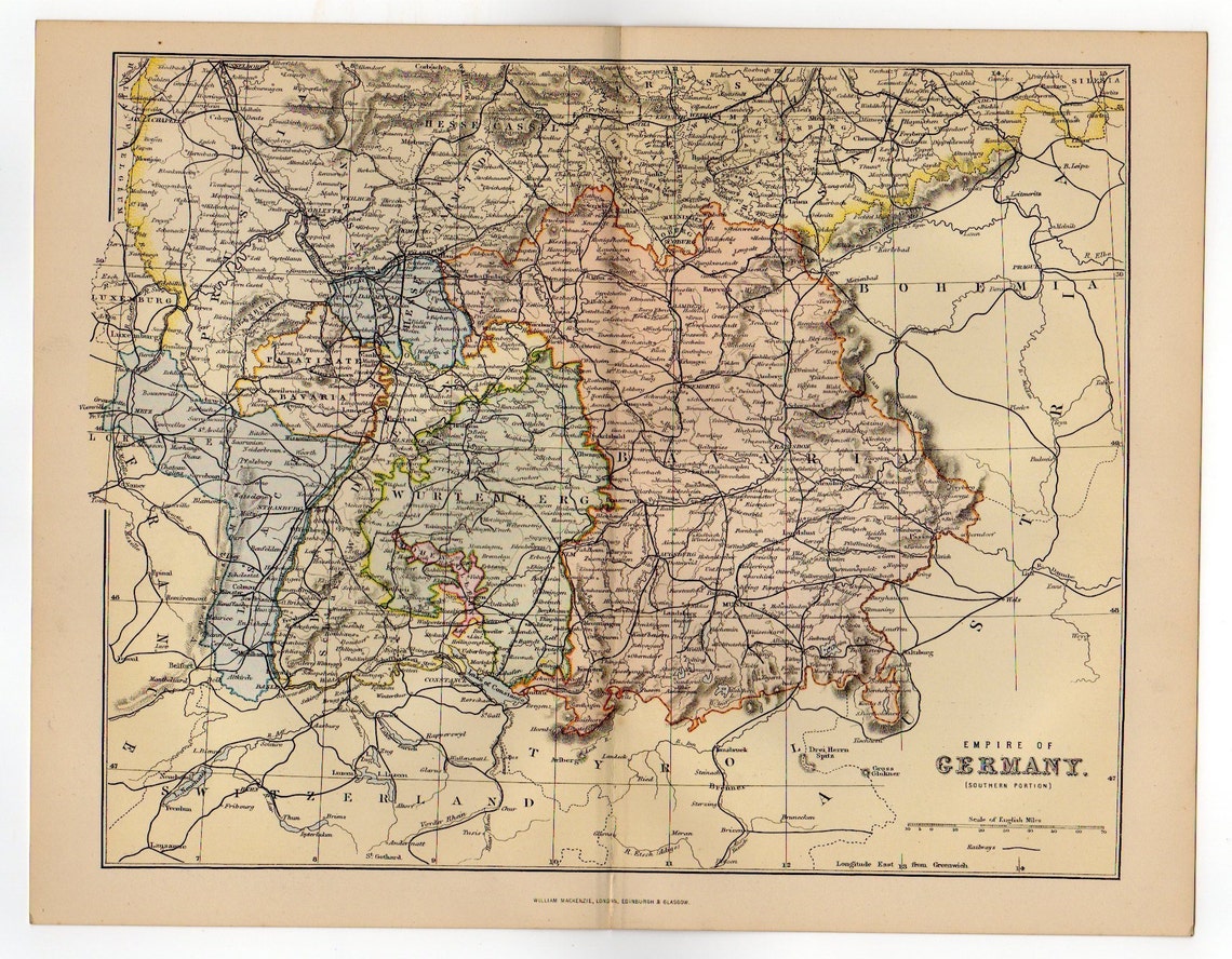 Large Map of Germany Empire, 1880 Atlas Antique Map, Bavaria Map, Map ...