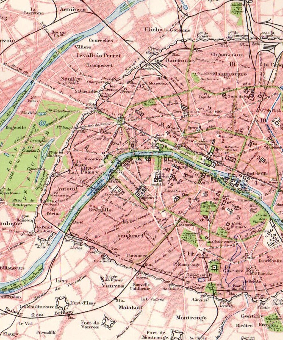 Medium British Map of Paris France, 1904 Atlas Antique Map, Paris City ...