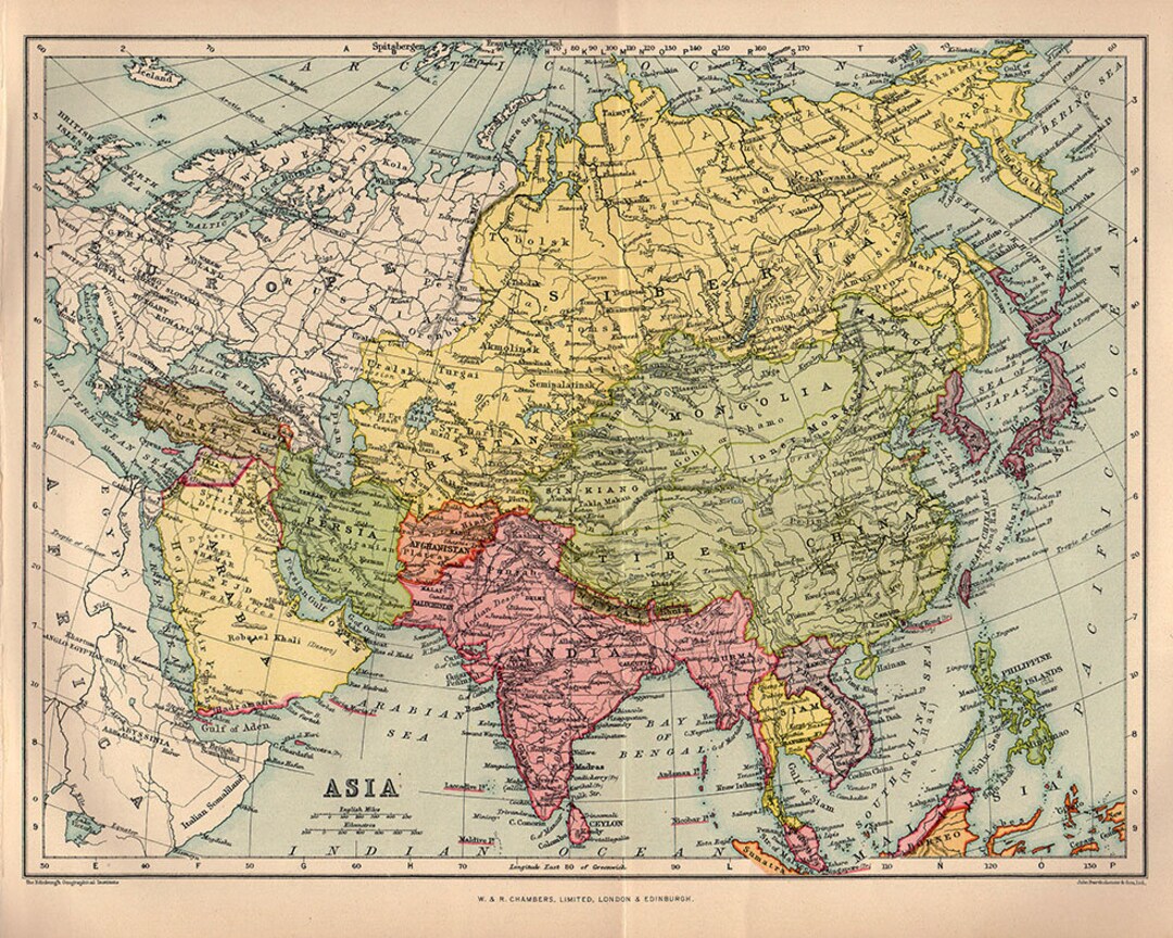 Beautiful Map of ASIA 1924, Atlas Antique Map, China India, Map of ...
