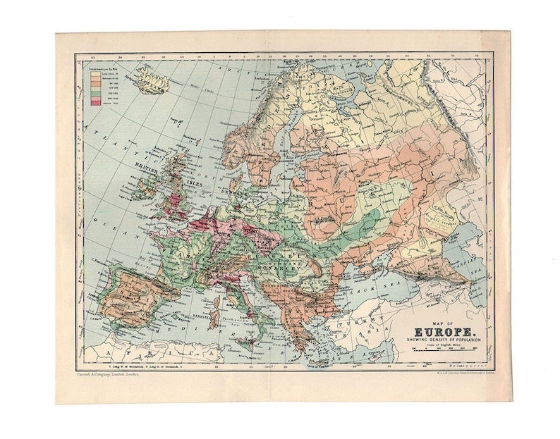 EUROPE POPULATION MAP 1904, Atlas Antique Map, France, Map of Spain ...