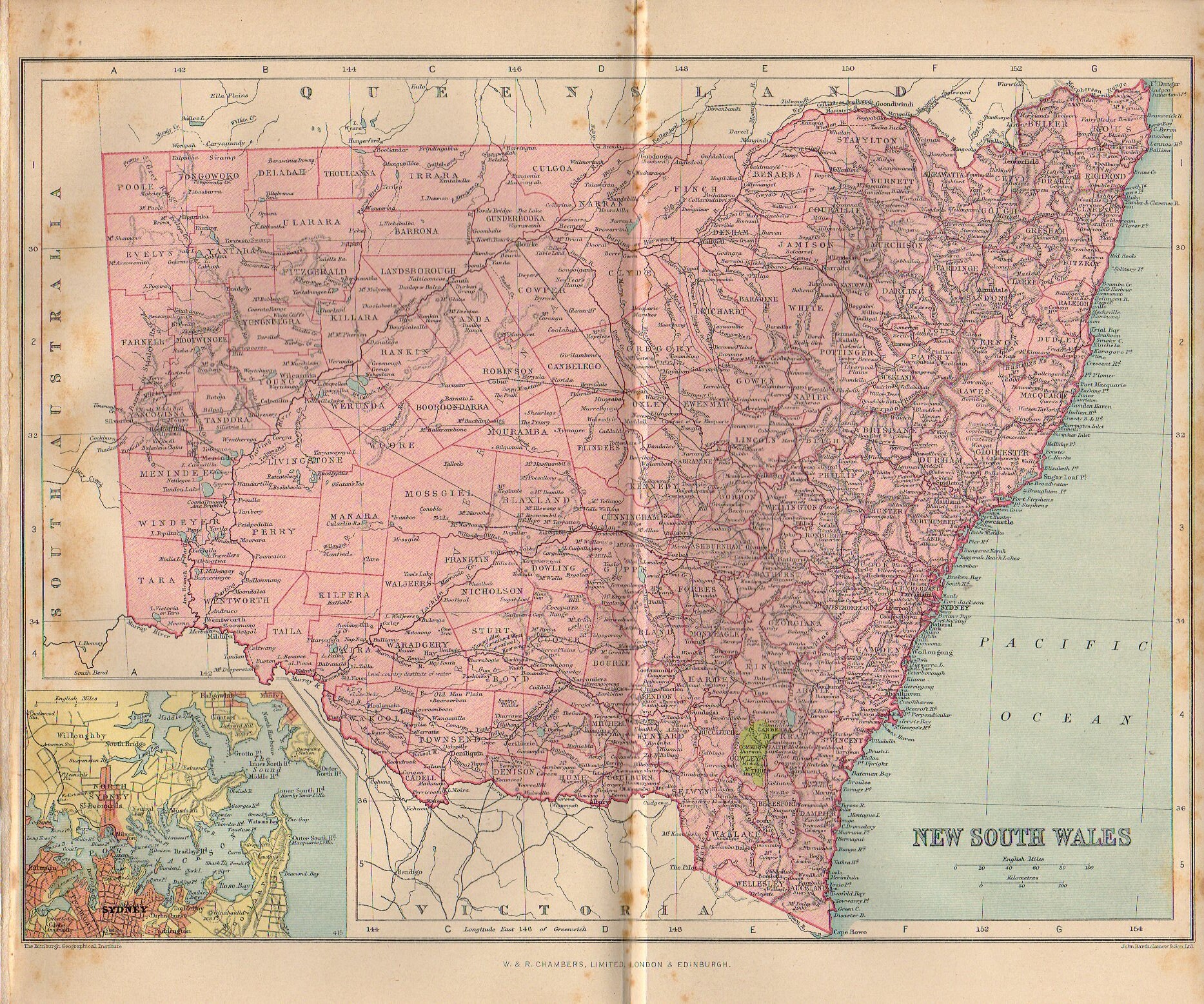 Large Map of NEW SOUT WALES Australia, 1935 Atlas Antique Map, Sydney ...