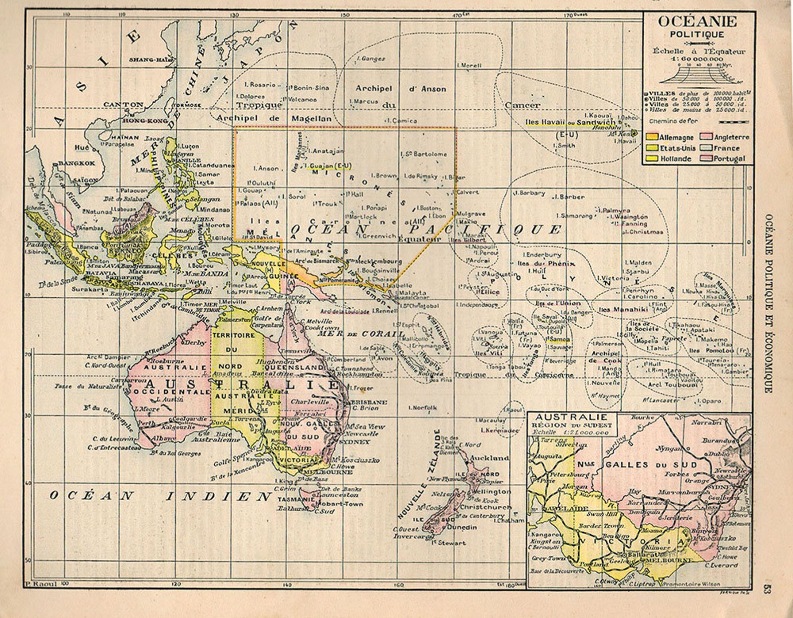 MEDIUM French Map of AUSTRALIA OCEANEA, 1907 Atlas Antique Map, Sydney ...
