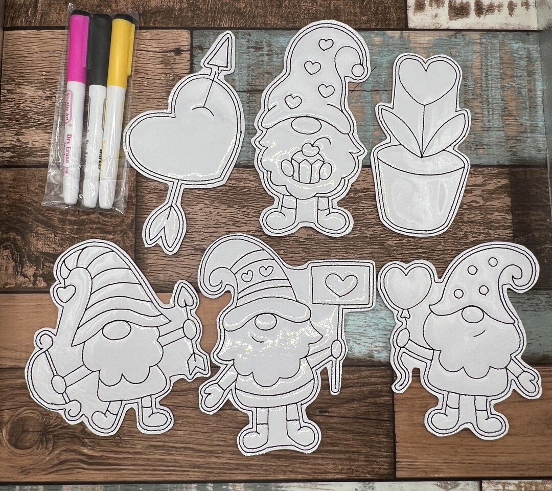 Valentine Gnome Reusable Vinyl Coloring Pages, Wipe off Dry Erase ...