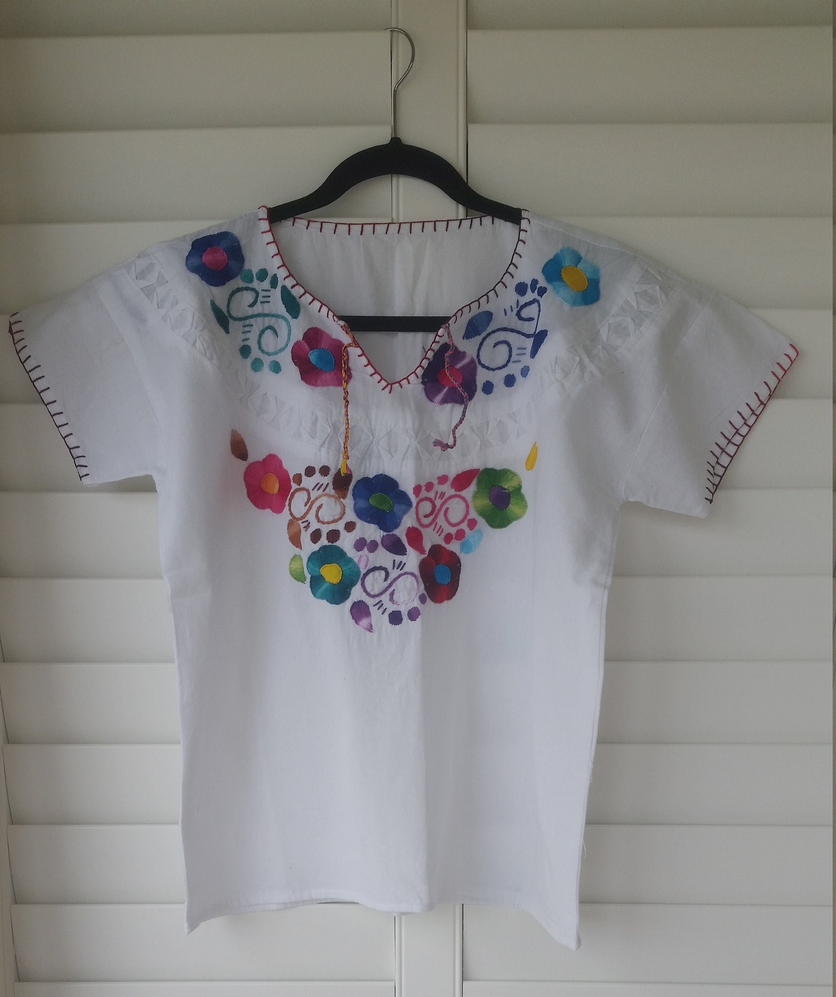 Women's Floral Blouse - White With Multicolored Embroidery - Etsy