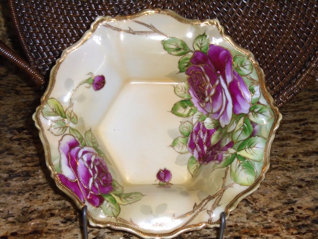 Antique Nippon Hand Painted Roses Bowl, Ruffled Hexagon. Magenta Pink ...