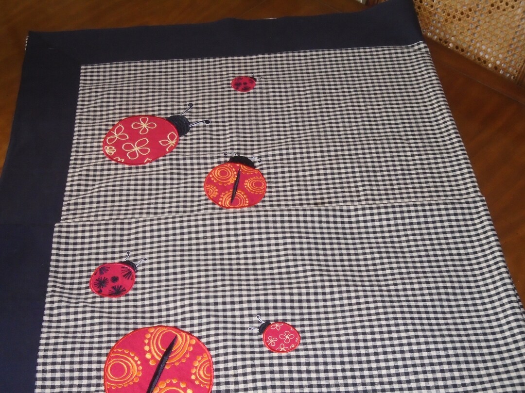 Lady Bug Tablecloth, 60"x60" Square. Black and Beige Gingham Appliqued ...