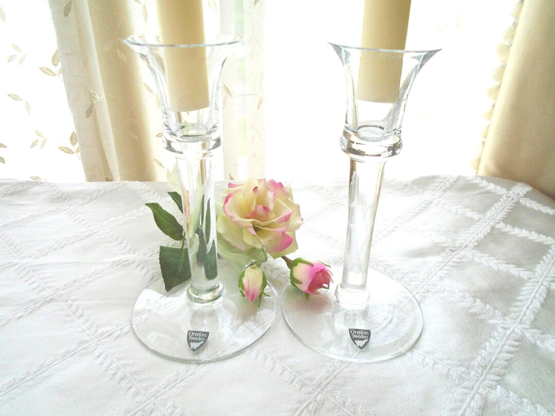 Orrefors Crystal Candle Holders, Anne Nilsson Design. H 6.25", Diam 3. ...