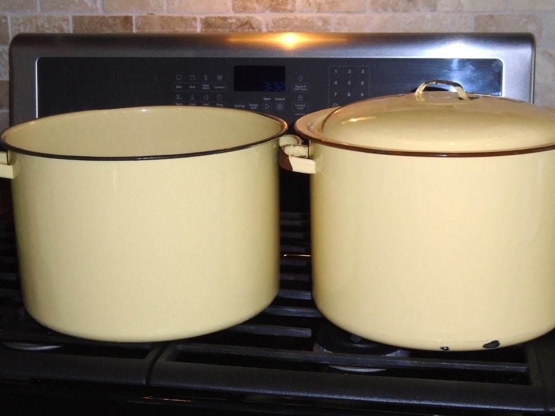 Enamelware Yellow, 2 Large Stock or Canning Pots, Lid. Brown Trim W ...