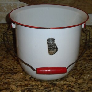 Red Trim Enamelware Bucket W/handle, Wire and Red Wood Bale. KANAWHA ...