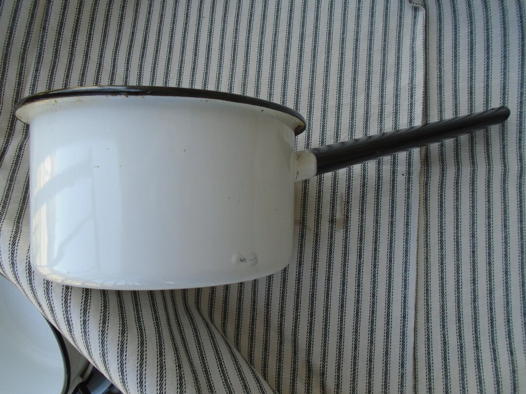 White & Black Trimmed Enamelware Sauce Pot 3 Deep 5 - Etsy