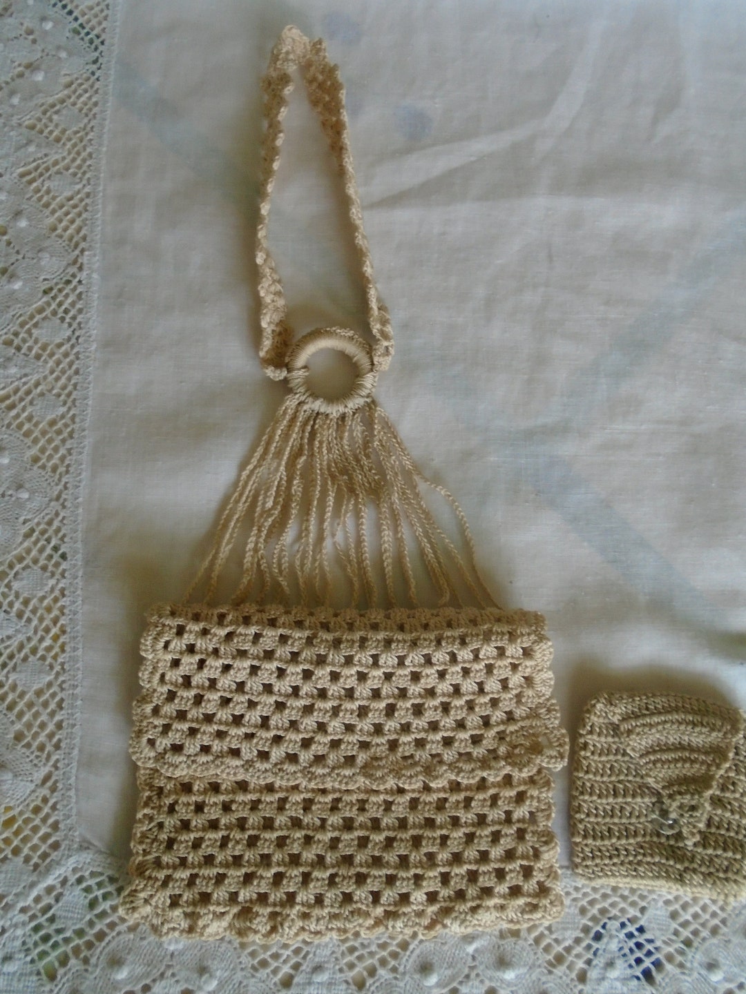 Crochet Reticule Purse W/small Ring or Pocket Watch Pouch. Bag Closes ...