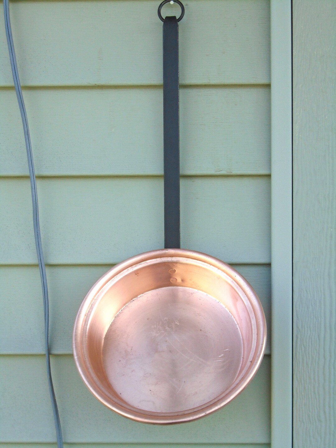 Copper Pan Long Wrought Iron Handle. Flat Bottom Long Handled Heavy ...