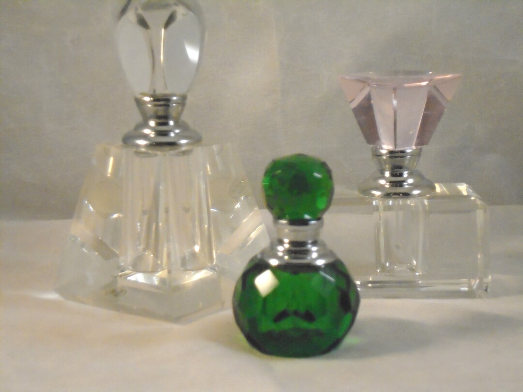 Three (3) Perfume Bottles, Screw on Dauber Tops. 1 Flared Cube, 1 ...